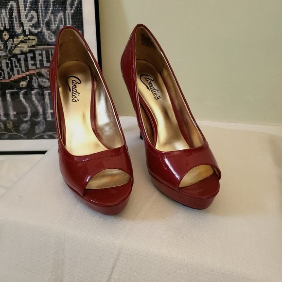 Candie's | Shoes | Candies Red Peep Toe Patent Leather Heels | Poshmark
